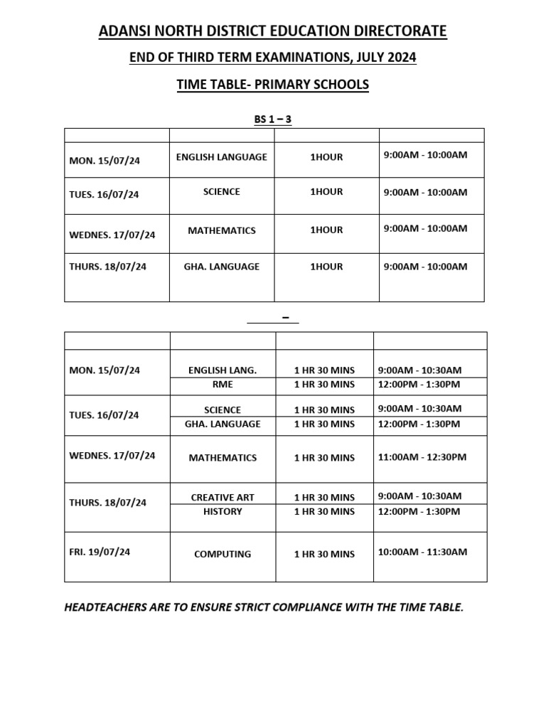 ADANSI NORTH PRY TIME TABLE | PDF