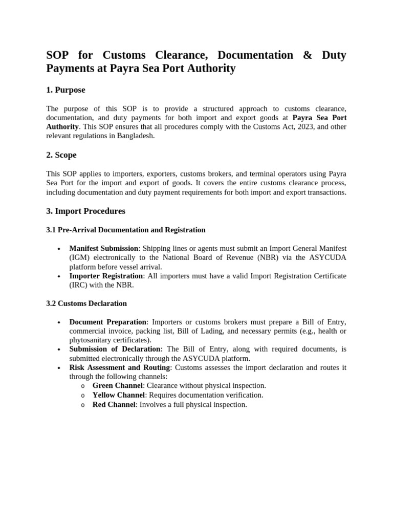 SOP For Customs Clearance, Documentation & Duty Payments at Payra Sea ...