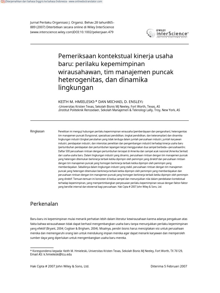 J Organ Behavior - 2007 - Hmieleski - A Contextual Examination of New ...