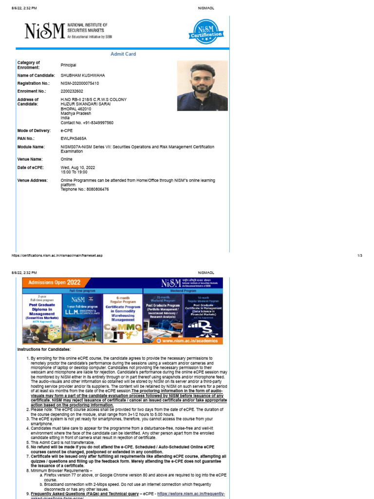 Admit Card: Category of Enrollment: Name of Candidate: Registration No ...