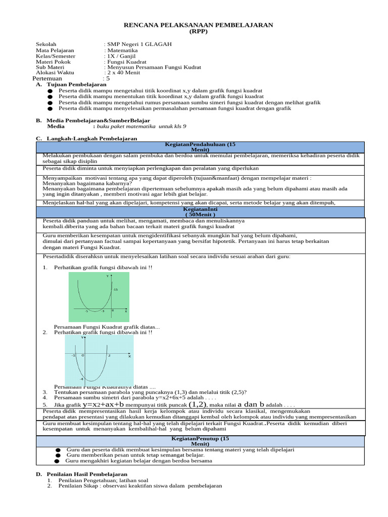 RPP PERTEMUAN 5 FUNGSI KUADRAT (1) (Repaired) | PDF