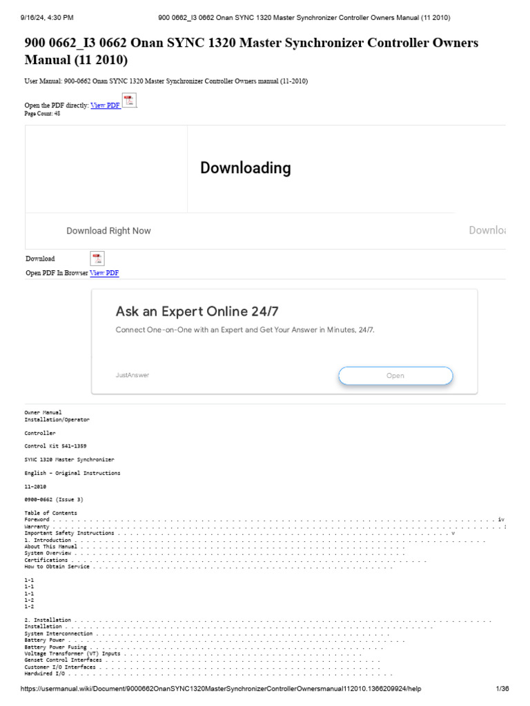 900 0662 - I3 0662 Onan SYNC 1320 Master Synchronizer Controller Owners ...