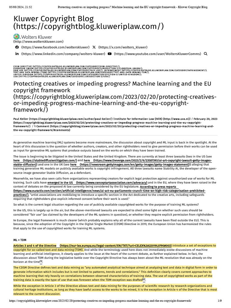 Protecting Creatives or Impeding Progress - Machine Learning and The EU Copyright Framework ...