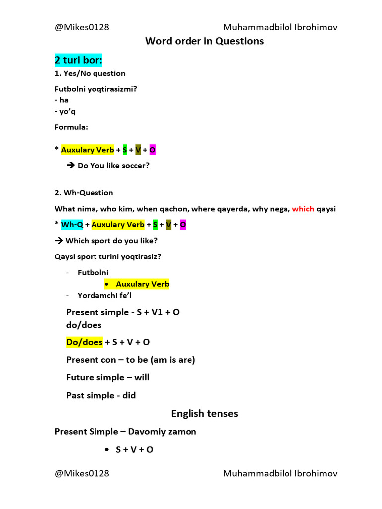 Word Order in Questions | PDF