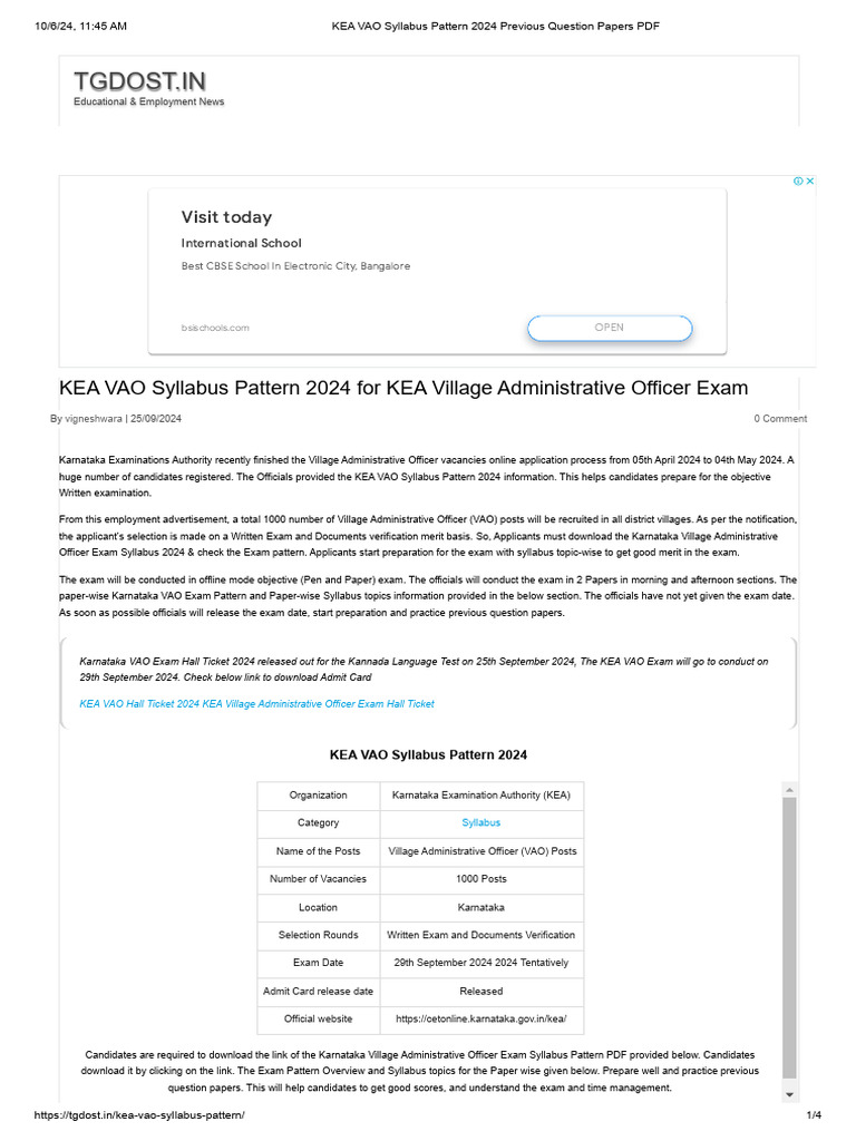 KEA VAO Syllabus Pattern 2024 Previous Question Papers PDF | PDF