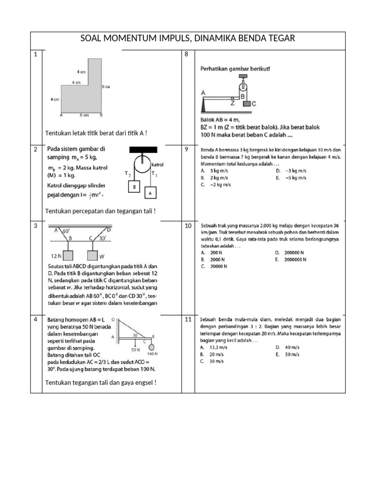 11 Soal Tugas Dinamika Dan Kesetimbangan Benda Tegar (2) | PDF