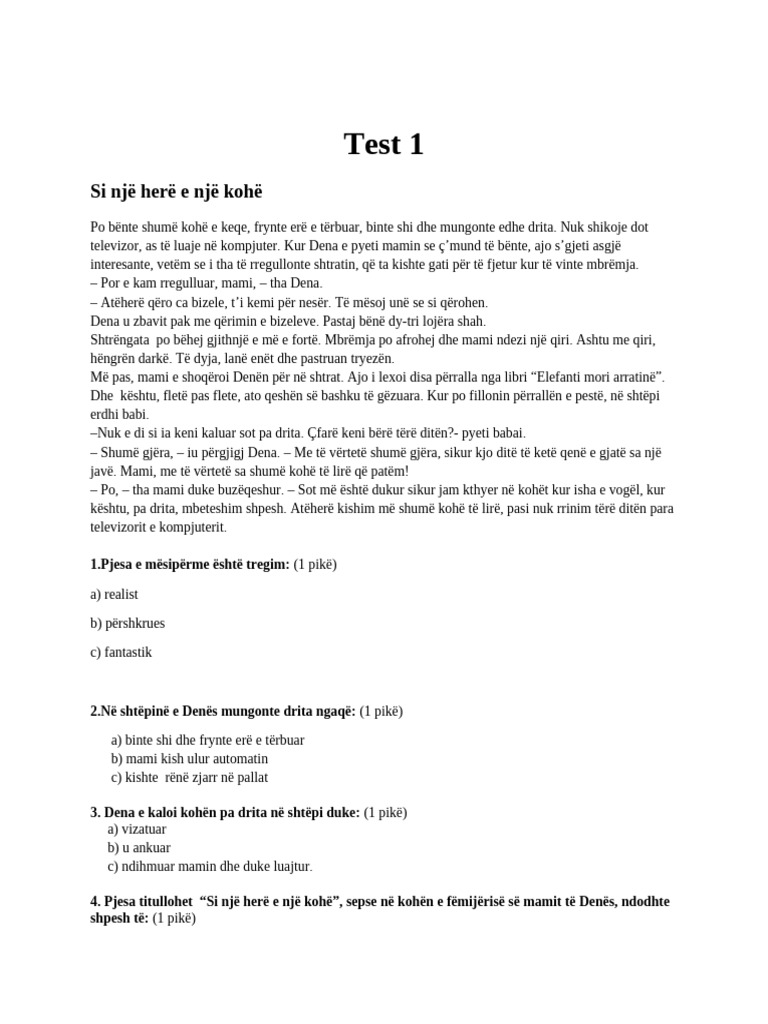 Gjuha Shqipe 4 - Test 1 | PDF