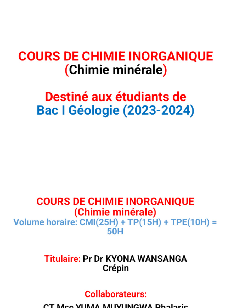 Cours de Chimie Inorganique Introduction - Geologie 2024 Phoenix | PDF