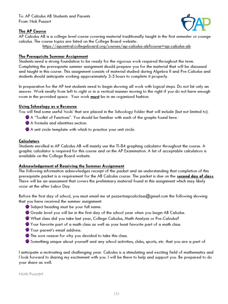 Calculus AB Summer Assignment | PDF