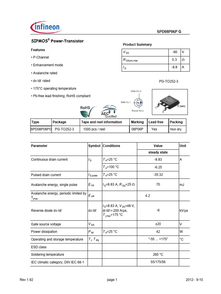 Infineon SPD08P06PG DS v01 92 en | PDF