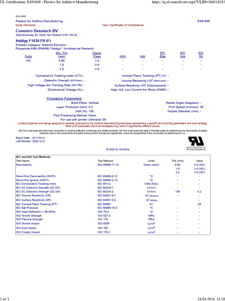 UL Certification - E491636 - Plastics For Additive Manufacturing | PDF
