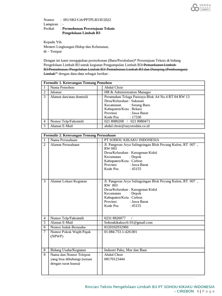 Permohonan Persetujuan Teknis Pengelolaan Limbah B3 Cirebon Plant | PDF
