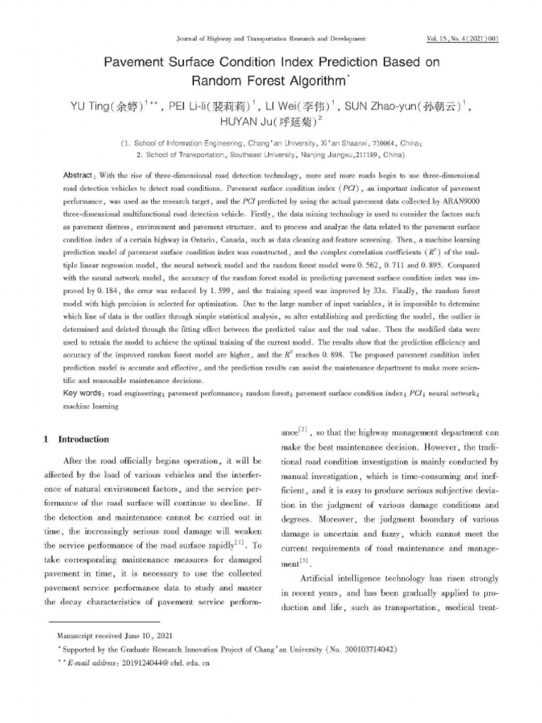 Yu Et Al 2021 Pavement Surface Condition Index Prediction Based On Random Forest Algorithm Pdf 