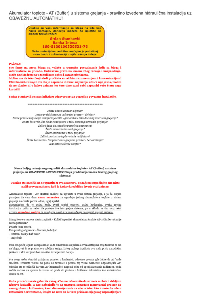 Akumulator Toplote (Buffer) U Sistemu Grejanja | PDF