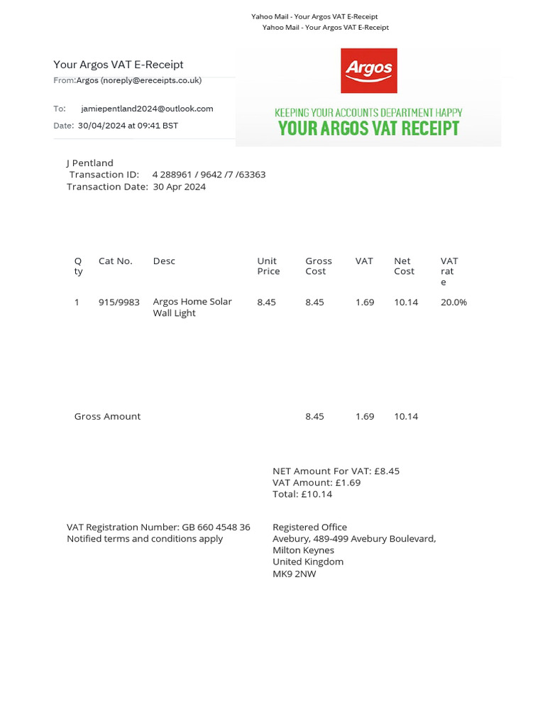 Yahoo Mail - Your Argos VAT E-Receipt PDF | PDF