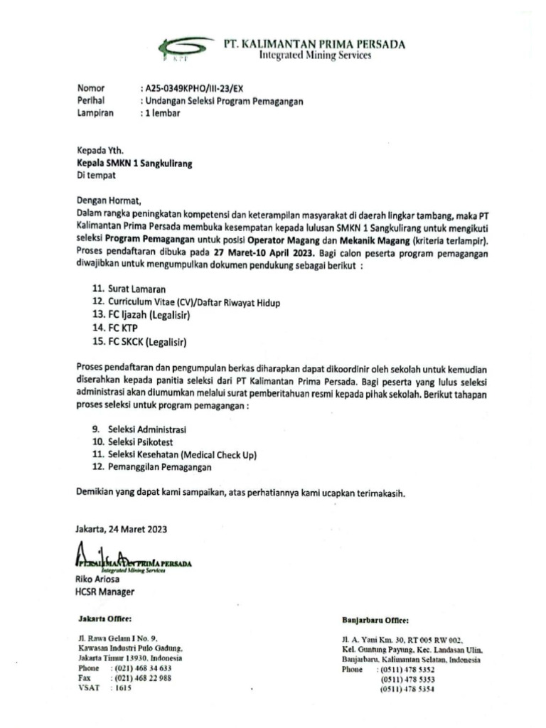 Undangan Seleksi Program Magang PT KPP 2023 - SMKN 1 Sangkulirang | PDF