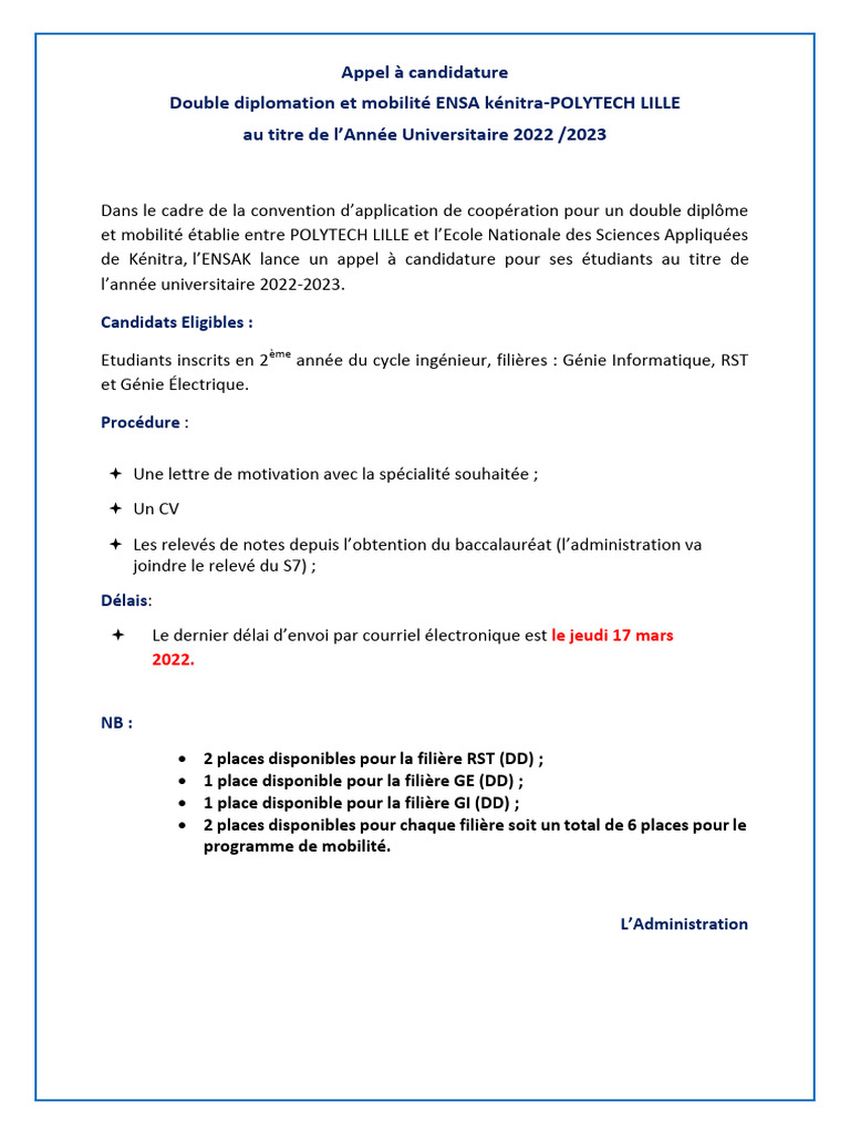 Appel A Candidature Polytech Lille 2022 2023 | PDF