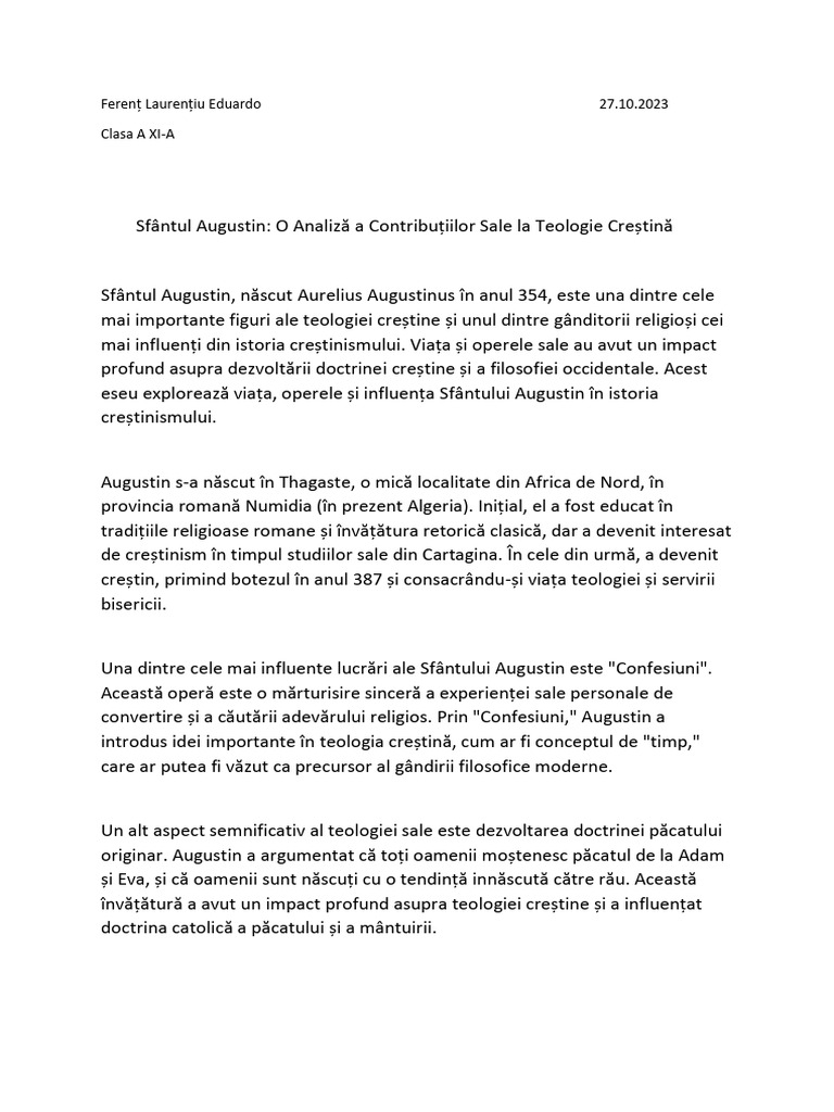Aurelius Augustinus În Anul 354, Este Una Dintre Cele: Clasa A XI-A | PDF