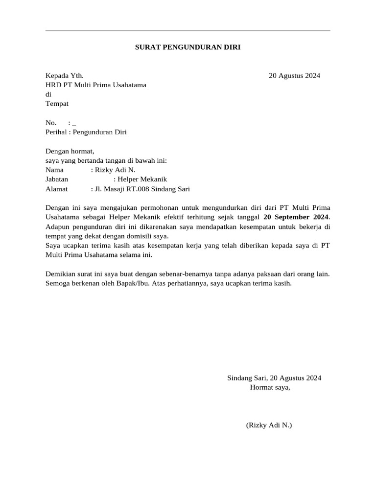 Surat Resign Simple atau Sederhana | PDF