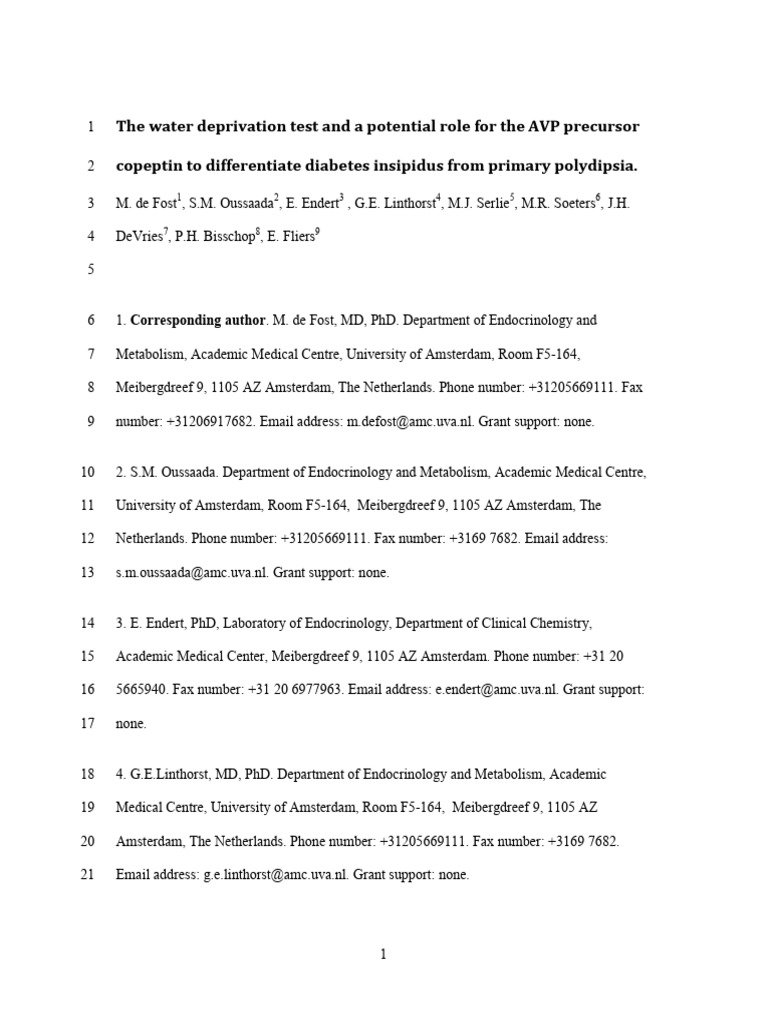 The Water Deprivation Test and A Potential Role For The AVP Precursor ...