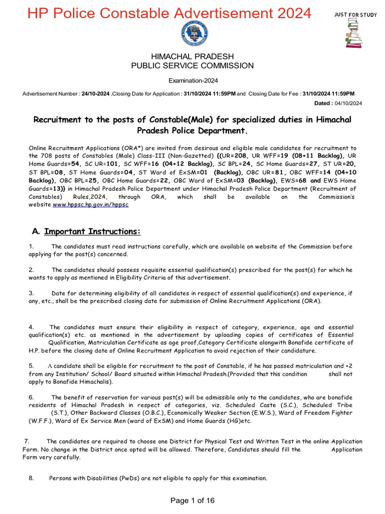 Full Notification - HP Police Constable 2024 | PDF