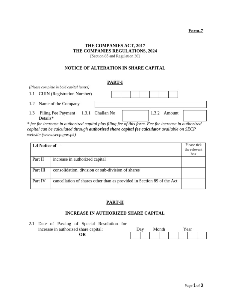 Form 7 Notice of Alteration in Share Capital | PDF