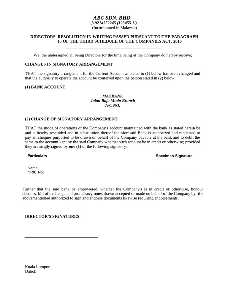 Resolution-Change Signatory (Maybank, Jalan Raja Muda Branch) | PDF