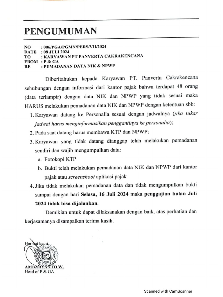 006 Pengumuman Pemadanan NIK Dan NPWP - 240708 - 161020 | PDF