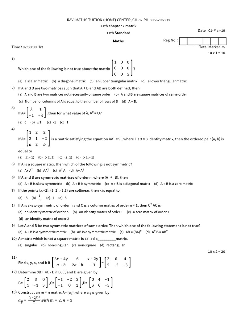Namma Kalvi 11th Maths Chapter 7 Question Paper | PDF | Matrix ... Namma Kalvi 11th Maths Chapter 7 Question Paper | PDF | Matrix ...