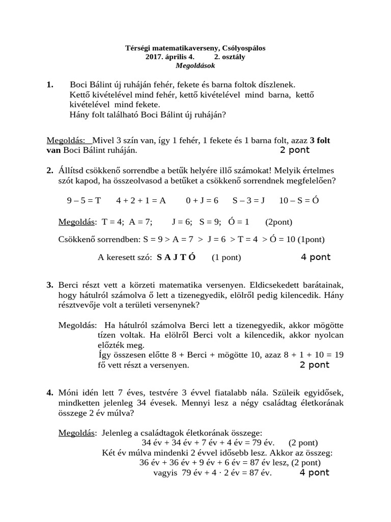 2 Osztály Feladatok 2017 Megoldások | PDF