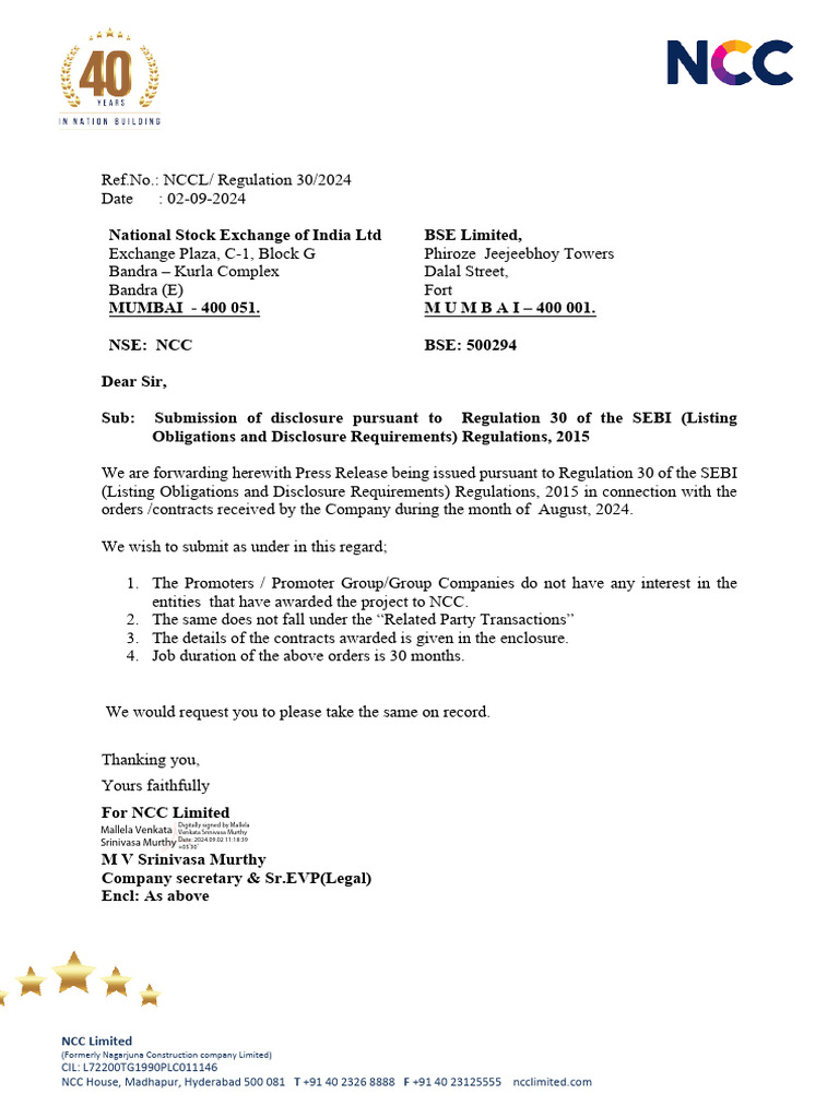 NCC Limited: CIL: L72200TG1990PLC011146 NCC House, Madhapur, Hyderabad 500 081 +91 40 2326 8888 ...