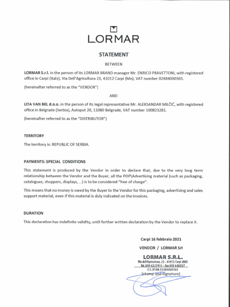 LITA VAN BEL Statement Advertising Material For Free 16 02 21 Duly ...