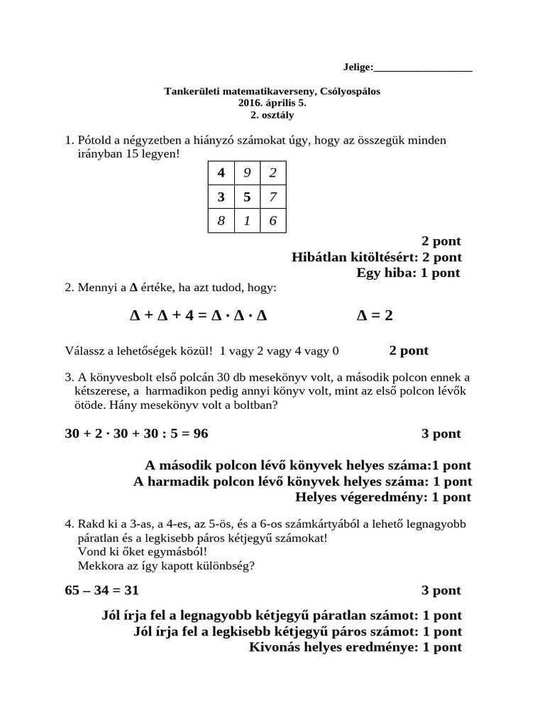 Matematika 2 Osztály 2016 Megoldások | PDF