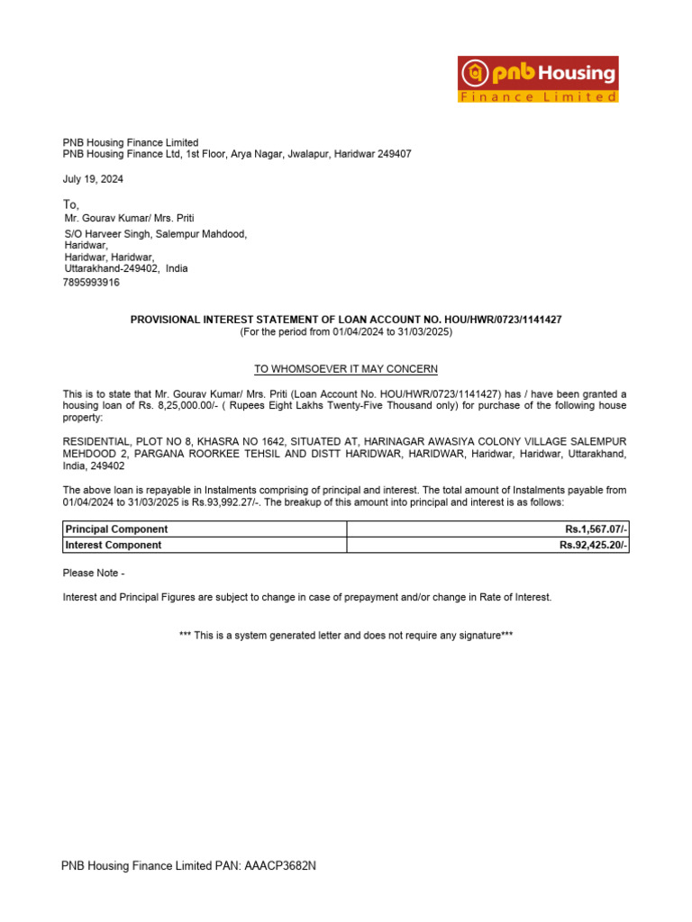 Final Interest Certificate HOU HWR 0723 1141427 HARIDWAR | PDF