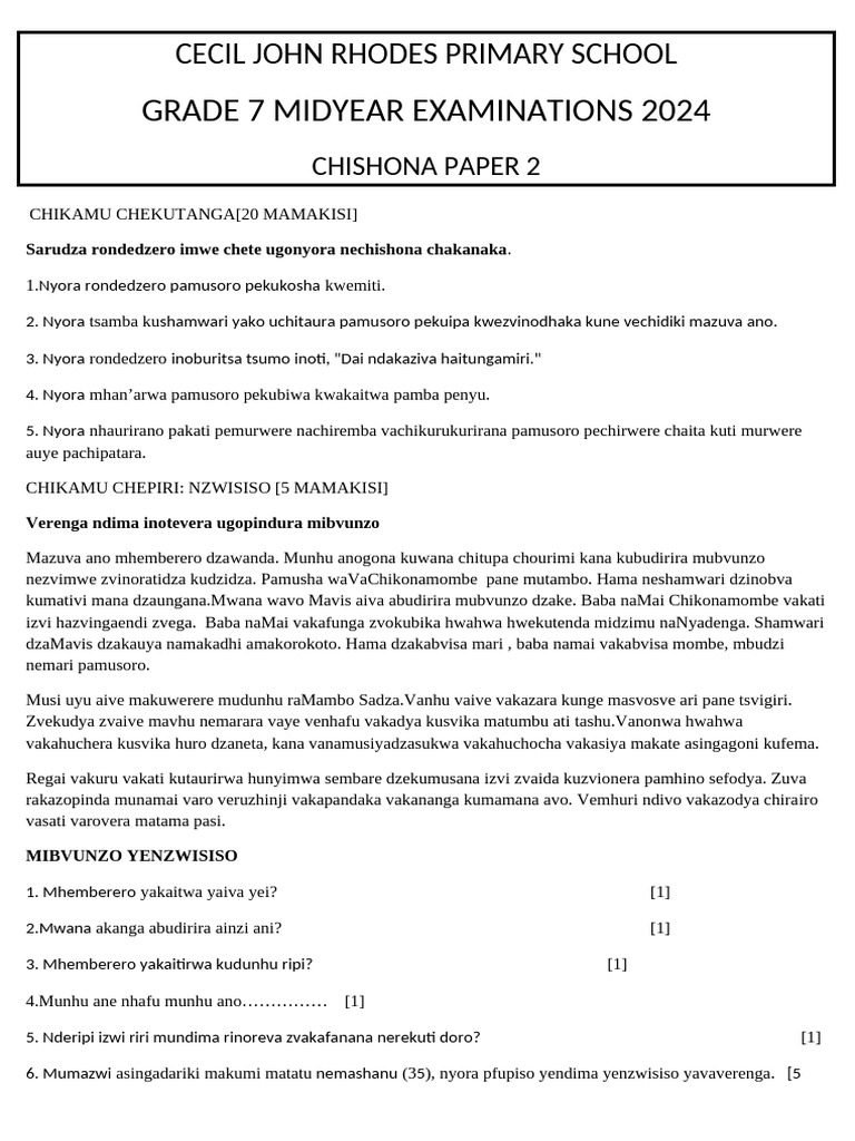 2024 Grade - 7 - Shona - Paper - CJR Mid Year | PDF