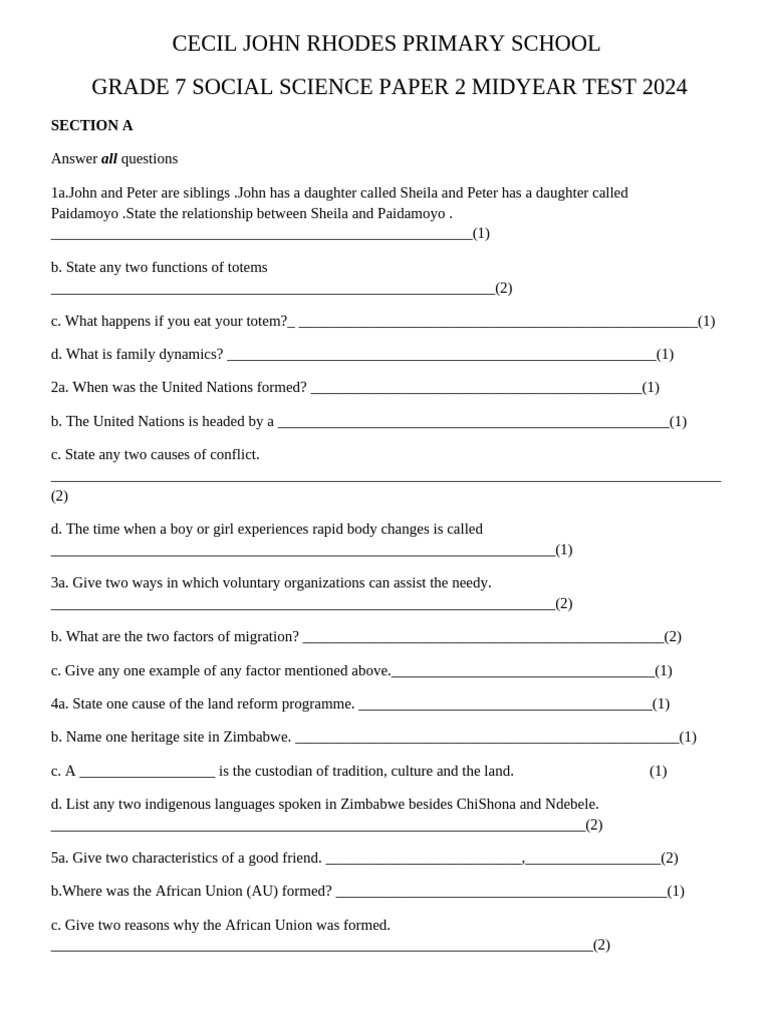 2024 Grade - 7 - Social - Sciences - Paper - 2 - Midyear - Exam | PDF ...