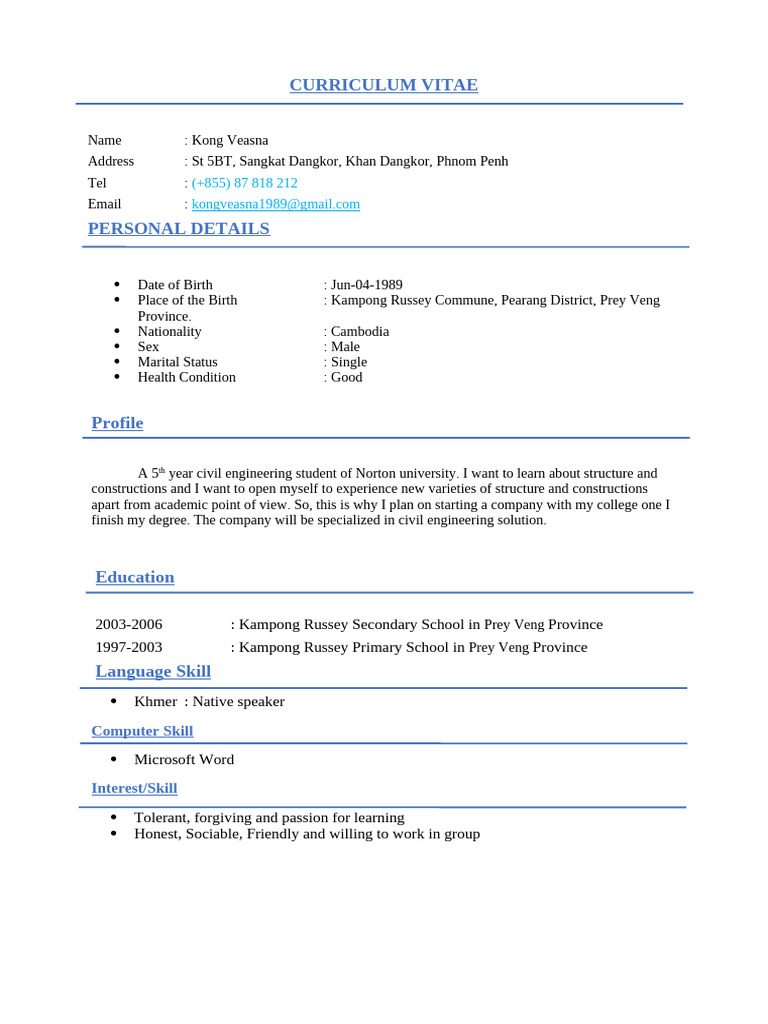 CV Bong Veasna | PDF