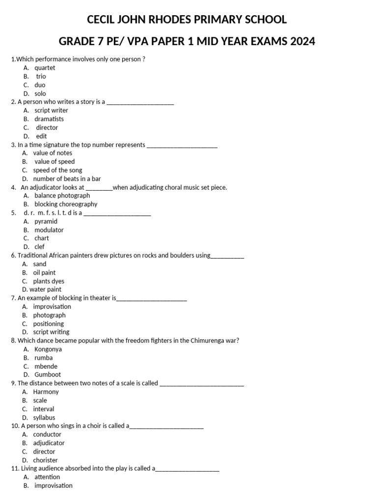 Grade 7 PE VPA Paper 1 Midyear 2024 | PDF