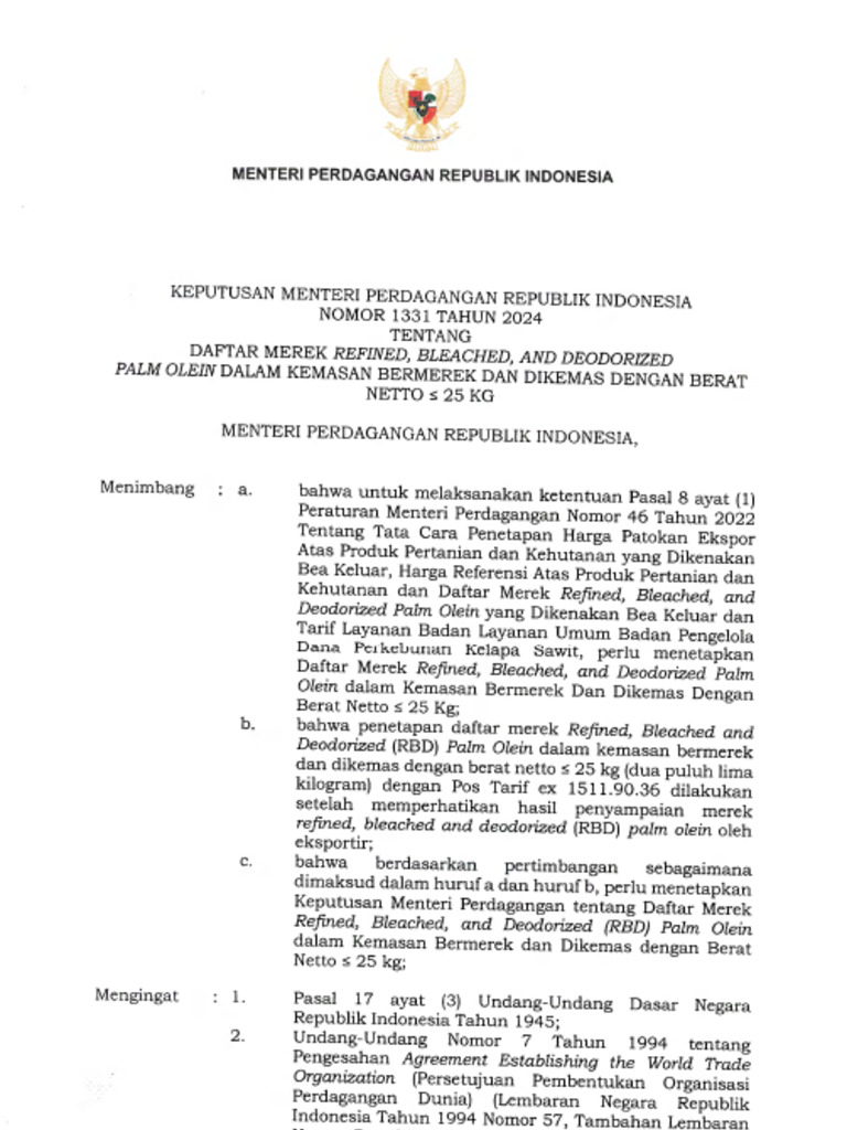 Keputusan Menteri Perdagangan Nomor 1331 Tahun 2024 Tentang Daftar Merek Refined, Bleached, And ...