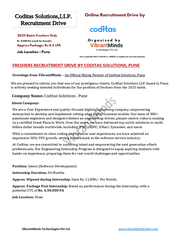 Coditas Recruitment Drive - 2025 Batch - VibrantMinds Technolgies | PDF ...