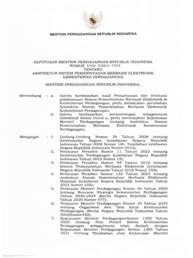 Keputusan Menteri Perdagangan Nomor 1039 Tahun 2024 Tentang Arsitektur Sistem Pemerintahan ...