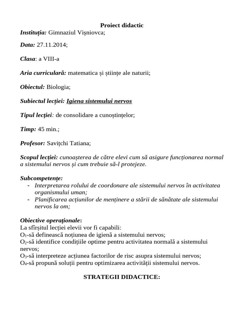 Proiect didactic la biologie cl8 | PDF