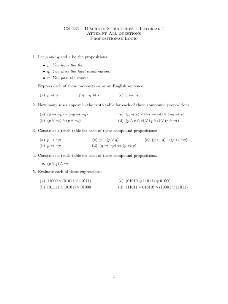 Tutorial 1 Propositional Logic | PDF