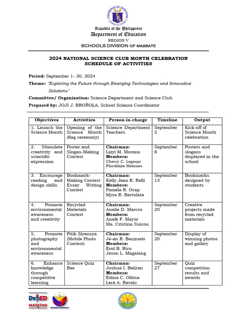 Science Month Cdelebration Schedule of Activities 2024 | PDF