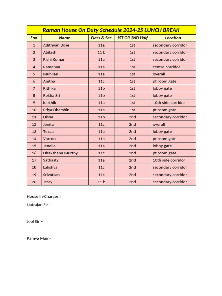 1.1 Raman House On Duty Schedule 2024 | PDF