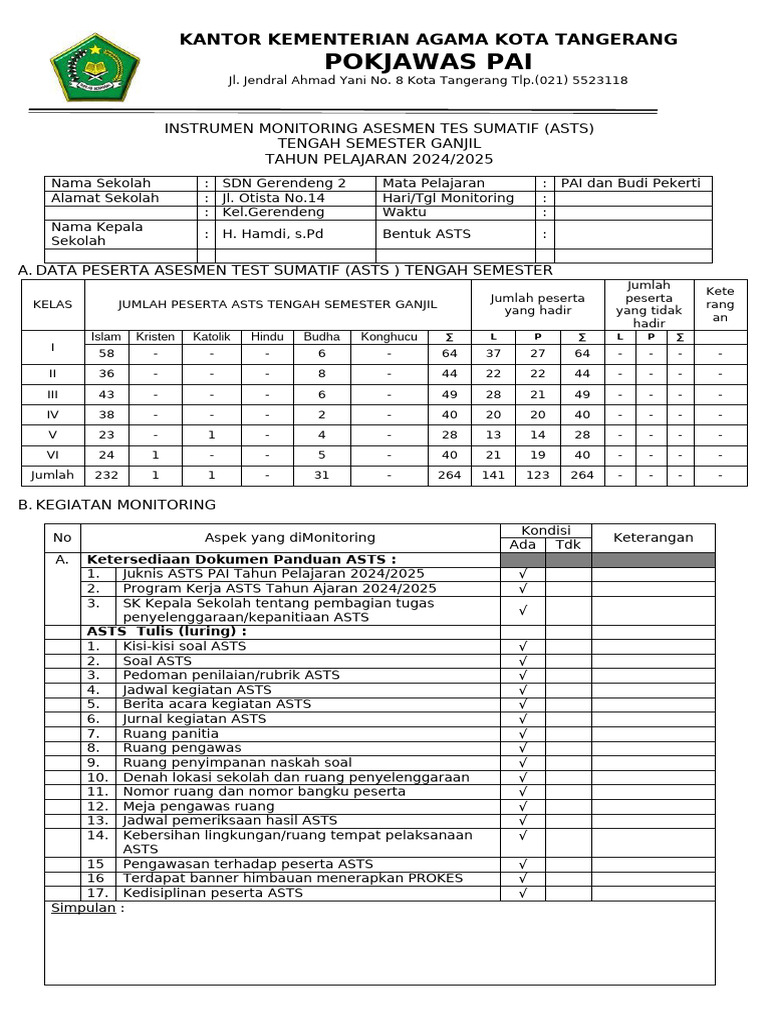 INSTRUMEN MONITORING ASTS 2024 OK SDH Data Isi Siswa | PDF