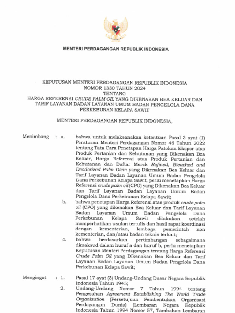 Keputusan Menteri Perdagangan Nomor 1330 Tahun 2024 Tentang Harga Referensi Crude Palm Oil Yang ...
