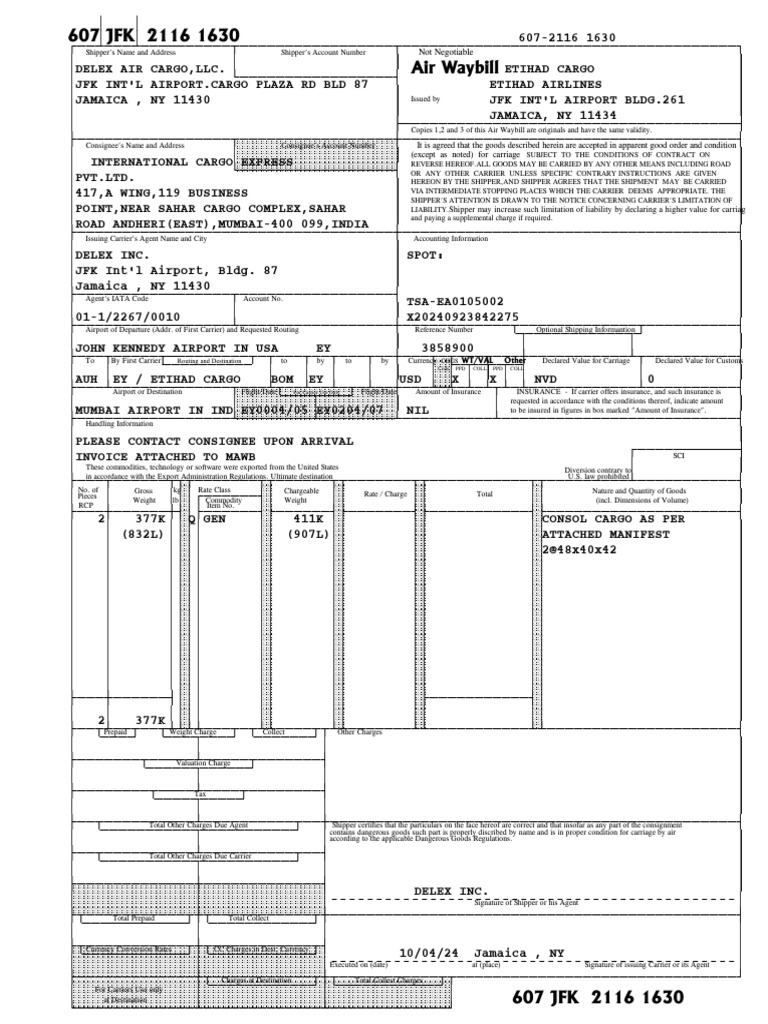 Air Waybill 607 JFK 2116 1630: Not Negotiable | PDF