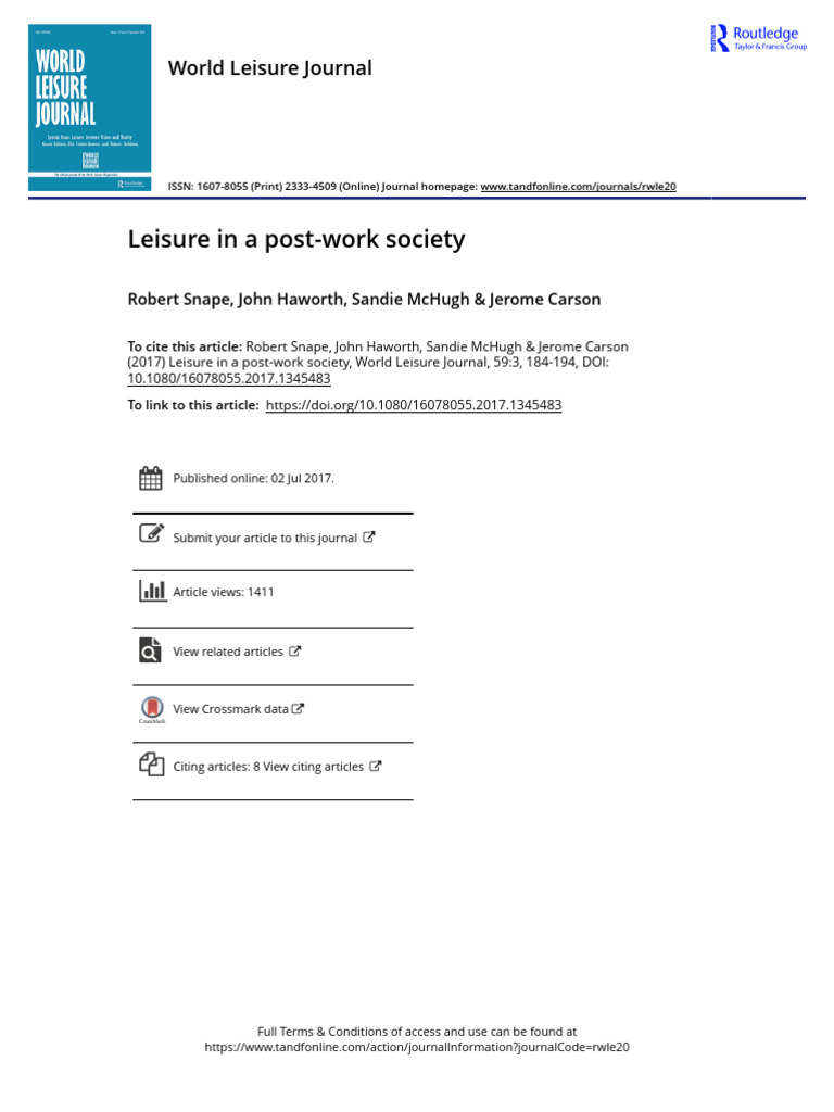 Leisure in A Post-Work Society Robert Snape, John Haworth, Sandie ...