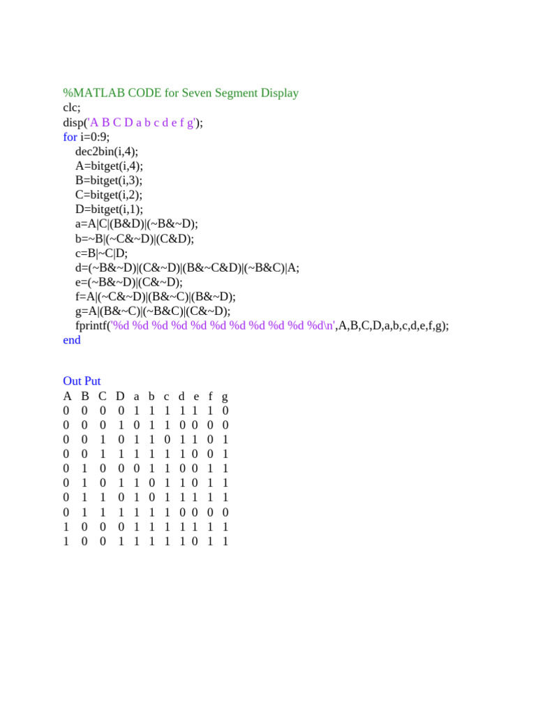 MATLAB CODE For Seven Segment Display | PDF